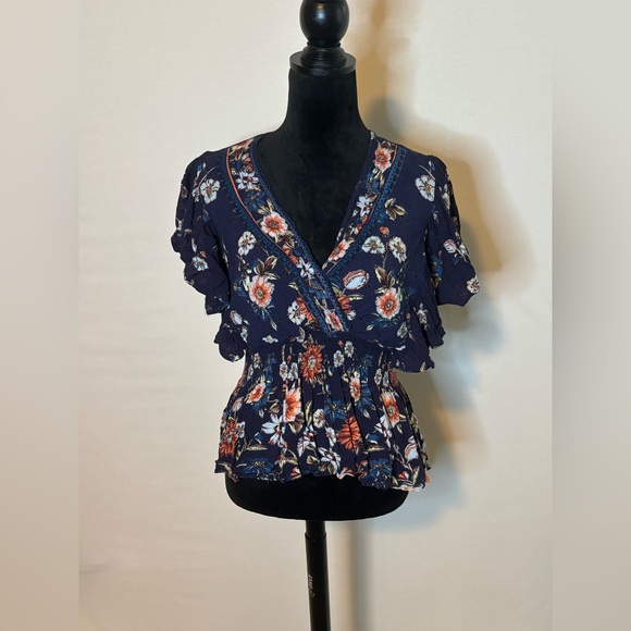 miami | Tops | Miami Blue And Orange Flutter Sleeve Wrap Style Blouse ...